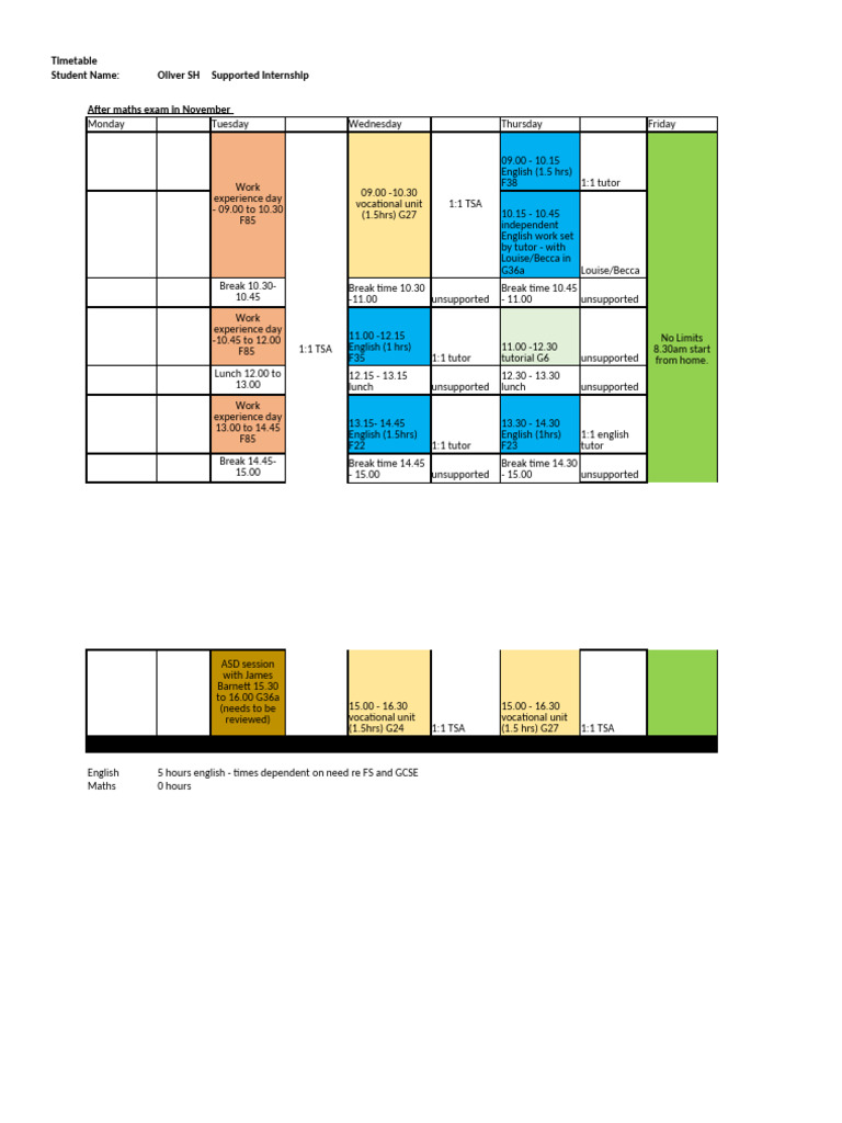 Olivers Timetable For After Half Term 1 | PDF