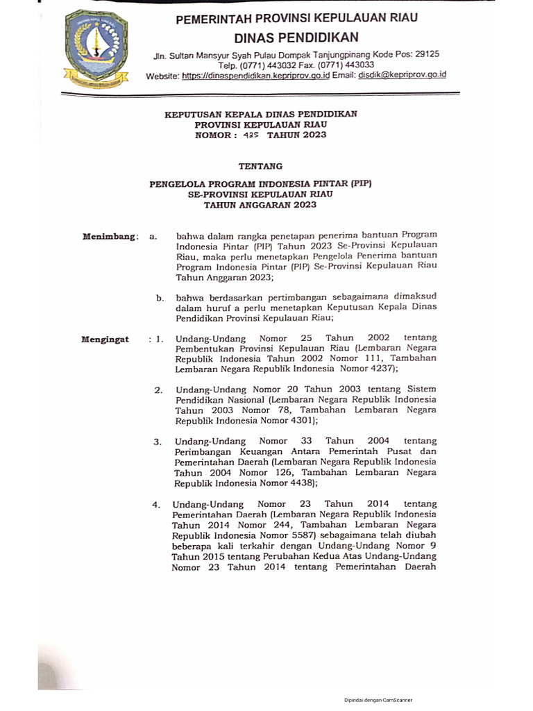 SK Pip Kepri 2023 Perubahan-1 | PDF