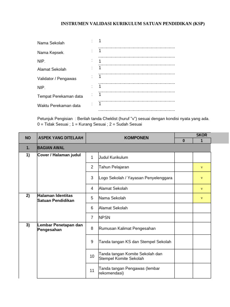 Contoh Instrumen Validasi Kurikulum Satpen | PDF
