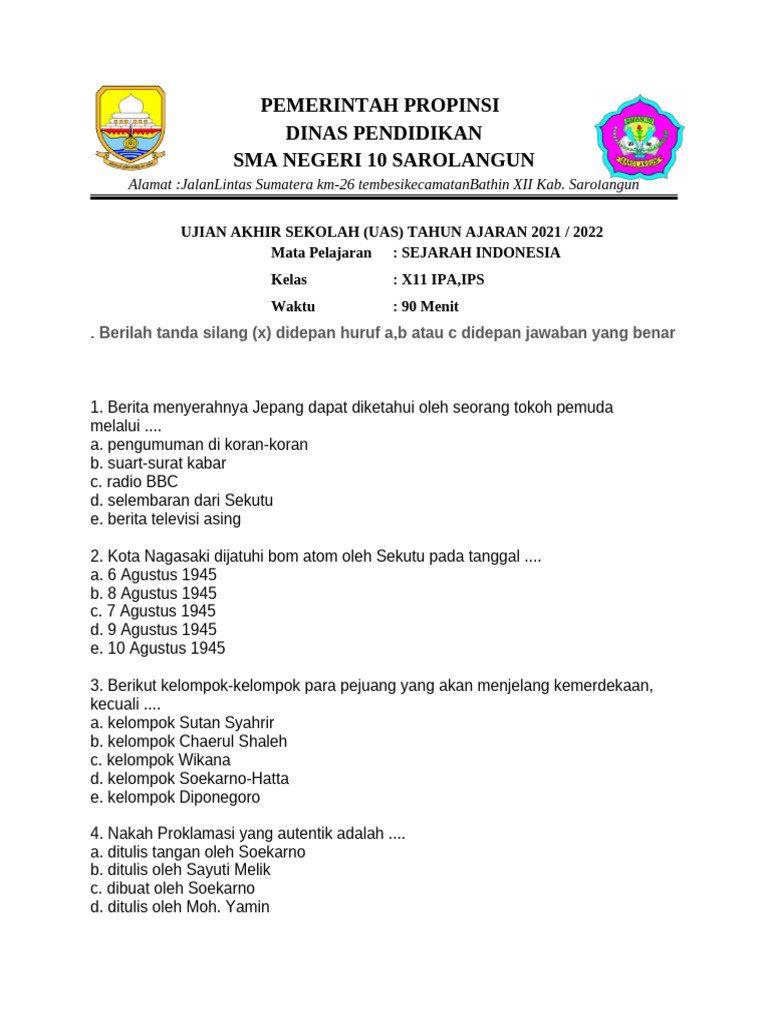 Soal Uas Terbaru, Kls Xii Ipa Ips | PDF