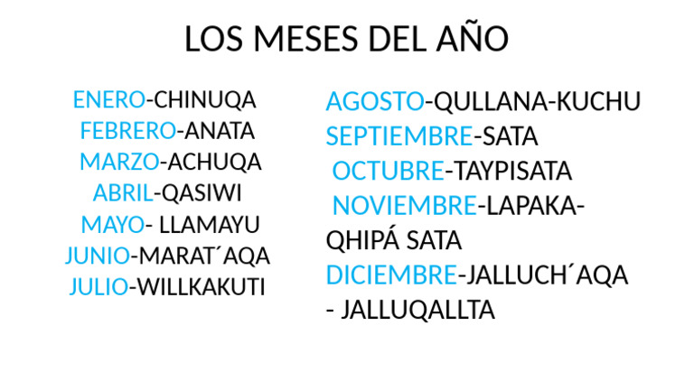Los Meses Del Año en Aymara | PDF