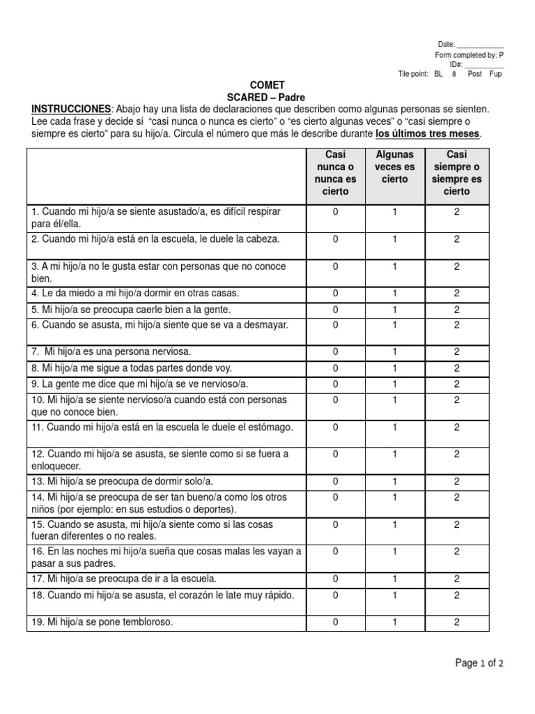 SCARED-Escala para Padres y Niños | PDF