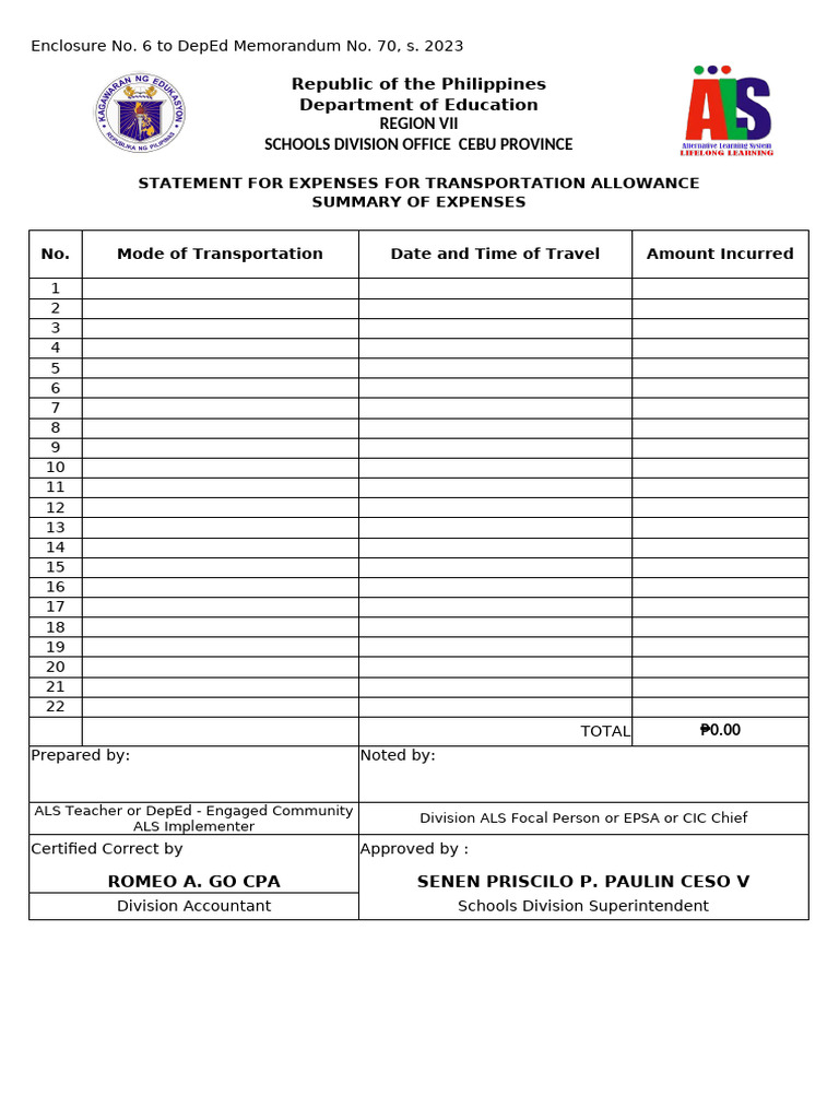 Statement of Expenses For Transportation Allowance | PDF