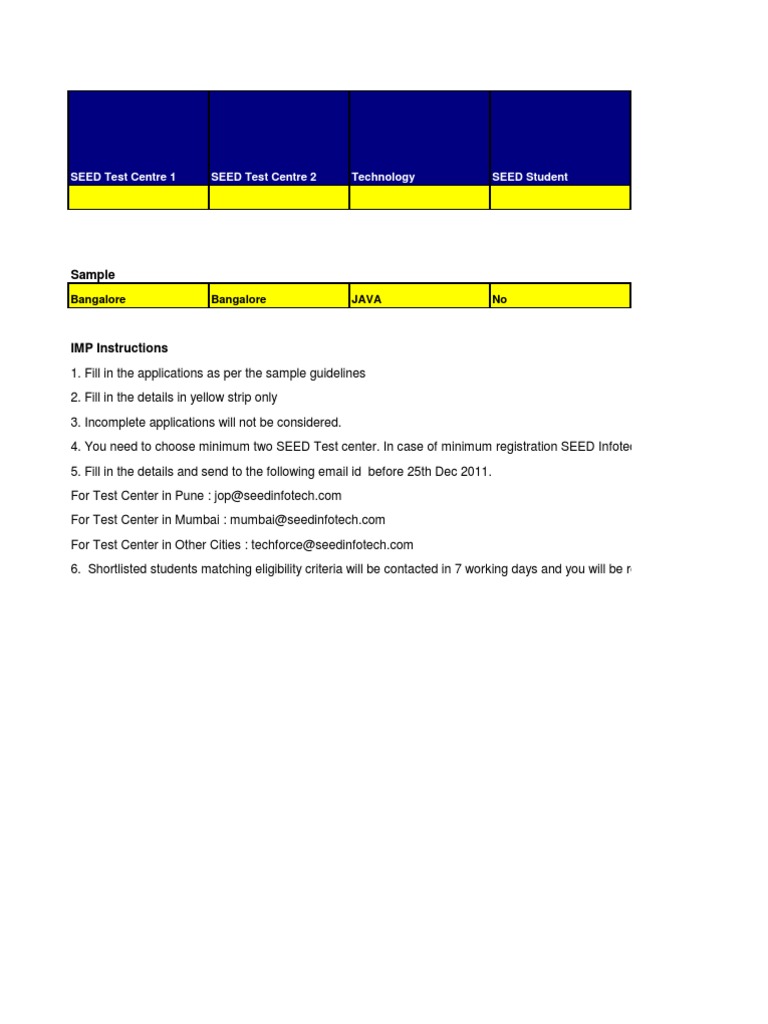Sample: SEED Test Centre 1 SEED Test Centre 2 Technology SEED Student ...