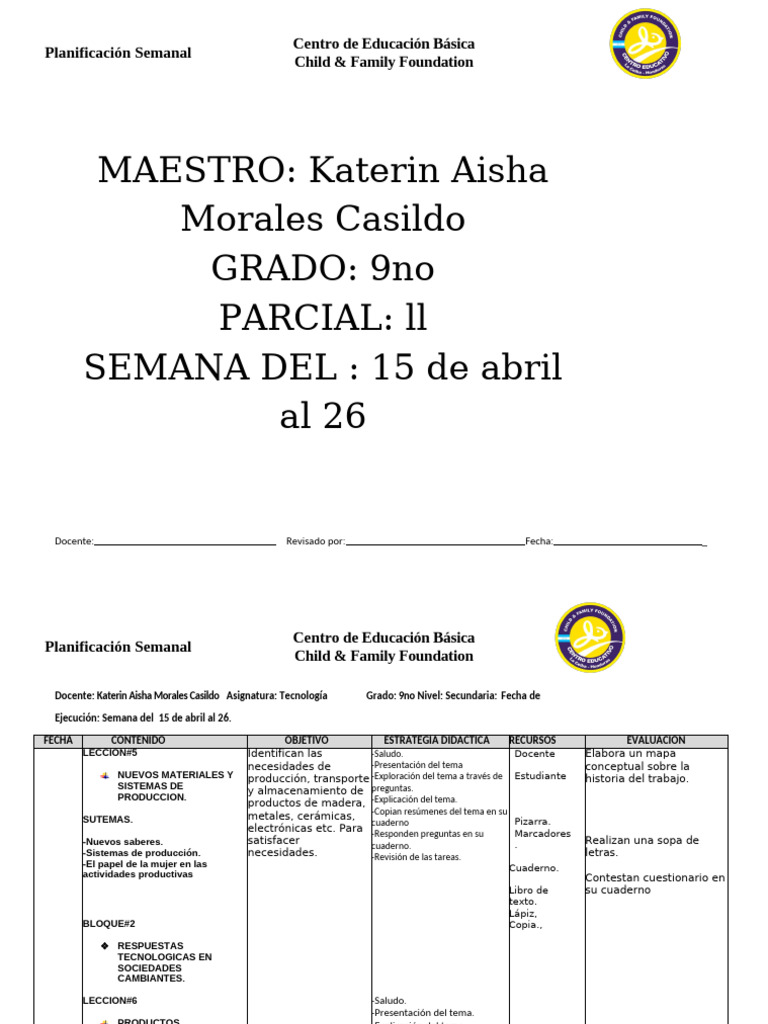 Plan de Clase de Tecnologia 9no LL Pacial | PDF