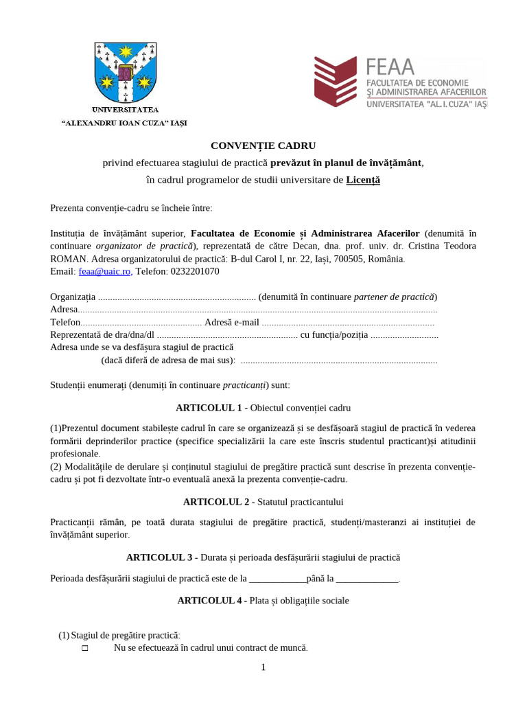 Conventie Practica LICENTA CIG2 FEAA 2024 Perioada Din Planul de ...