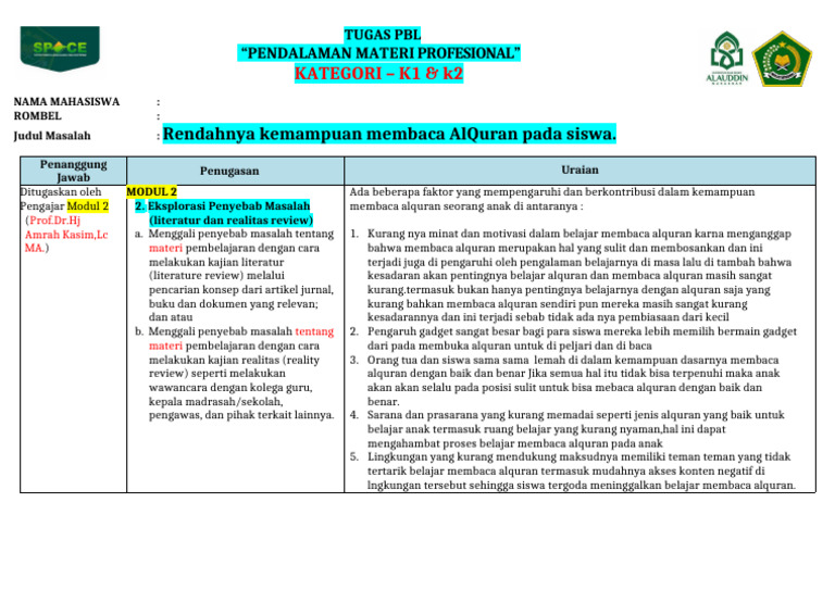 Contoh Isian Tugas PBL (K1 & K2) | PDF