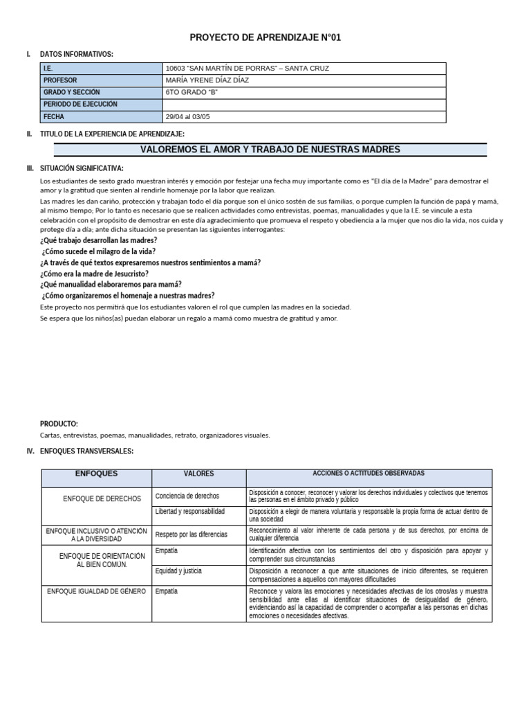 6°_GRADO_-_PROYECTO_DE_APRENDIZAJE_N°01 Corr | PDF