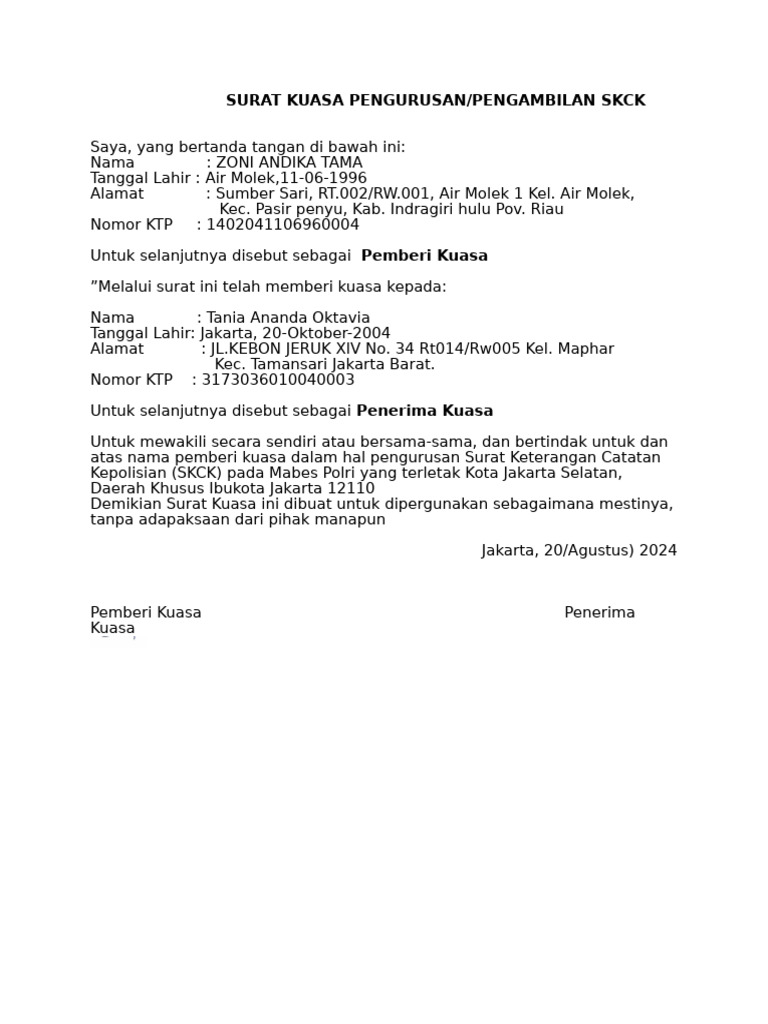 Surat Kuasa Pengambilan SKCK | PDF