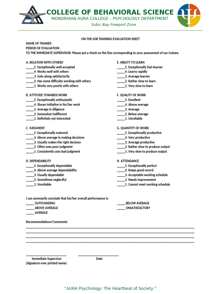 OJT Evaluation Sheet and Weekly Report | PDF | Social Psychology | Behavior Modification
