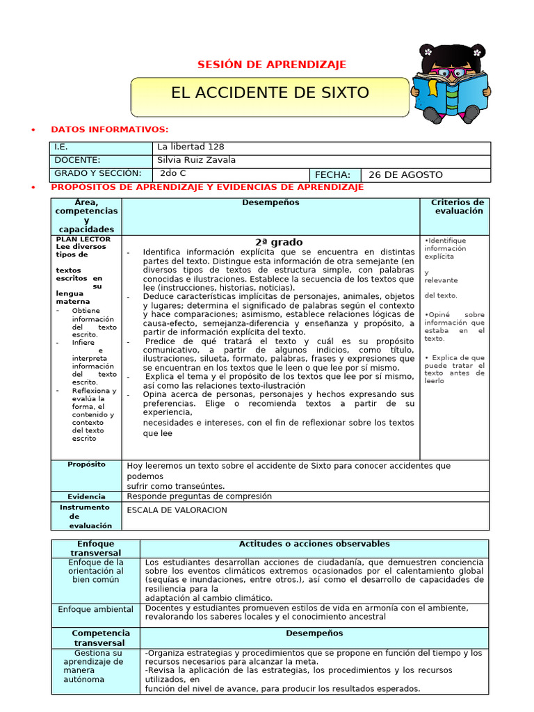 2º U5 s4 Sesion d4 Plan Lector El Accidente de Sixto-Fusionado | PDF