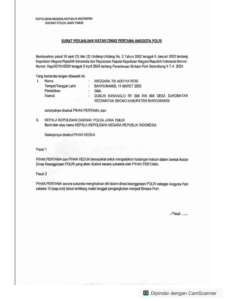 Surat Perjanjian Ikatan Dinas Pertama Anggota Polri _compressed | PDF