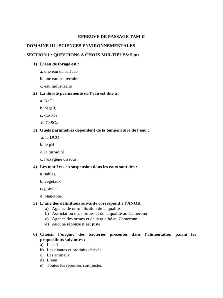 Domaine 3 Sciences Environnementales EPREUVE DE PASSAGE TAM II 2022 | PDF