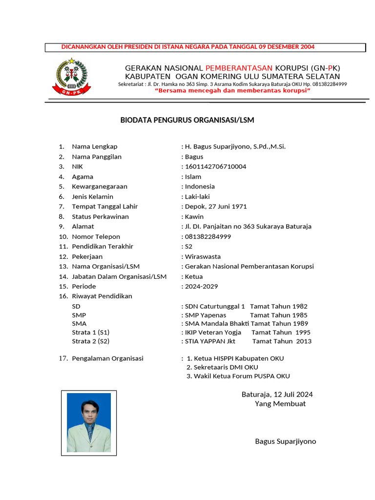GNPK BIODATA Pengurus | PDF