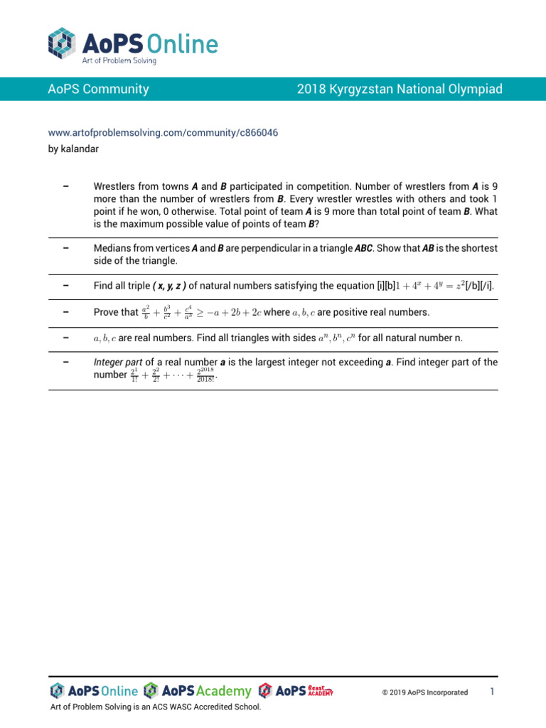 Aops Community 2018 Kyrgyzstan National Olympiad: Integer Part | PDF