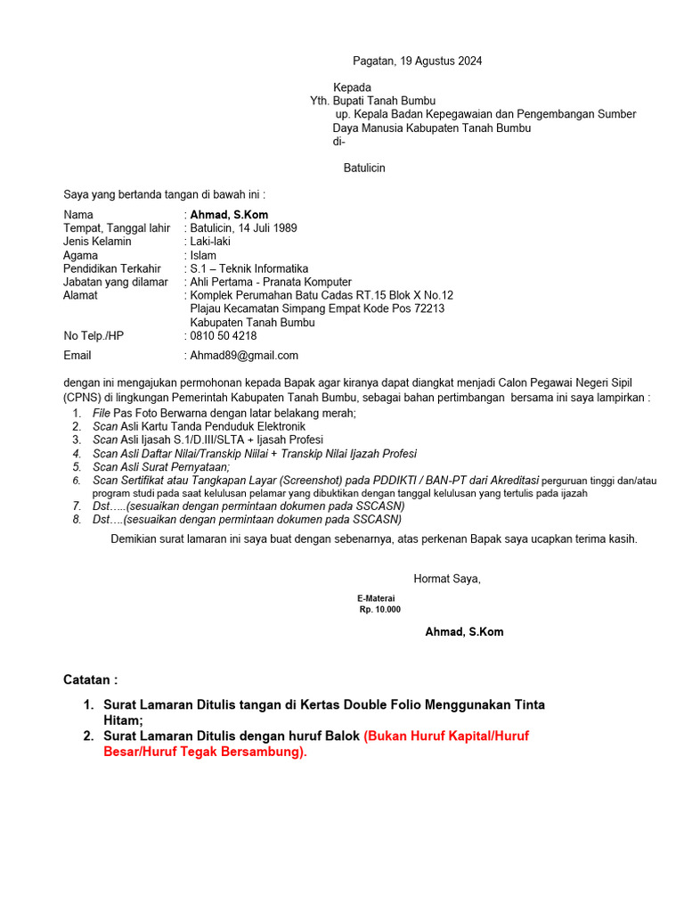 Contoh-Lamaran CPNS 2024 | PDF