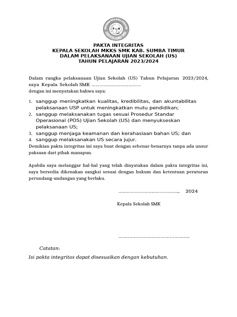 Pakta Integritas Us MKKS SMK TP.2023-2024 | PDF