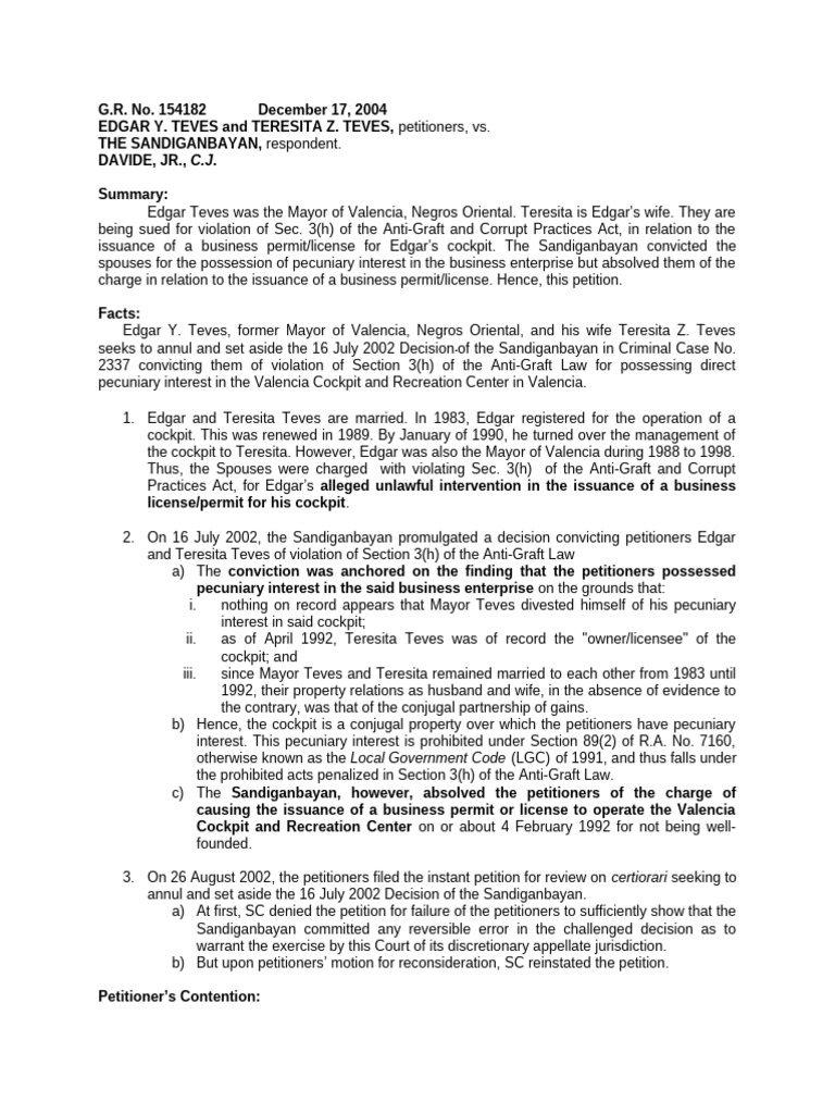 Teves vs. Sandiganbayan Case Digest | PDF