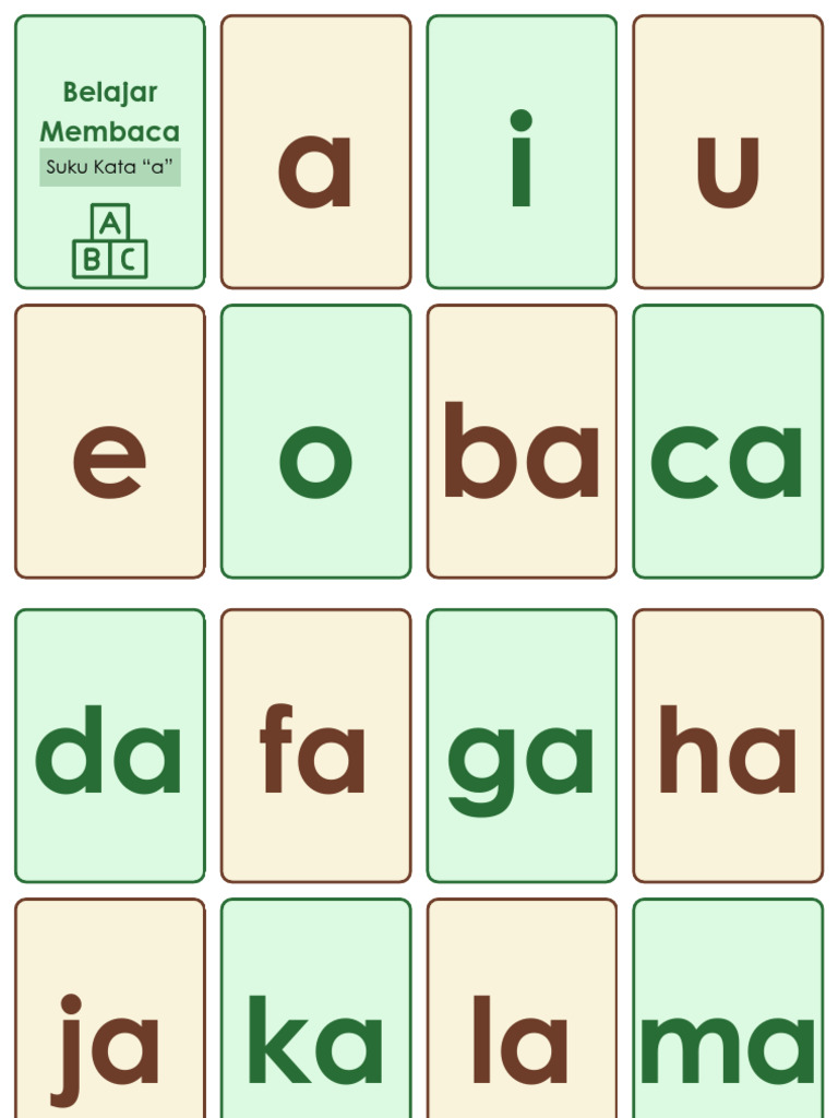 Flashcard Belajar Membaca Suku Kata A Warna Pastel Hijau Coklat - 2 | PDF