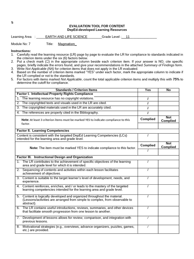 EVALUATION TOOLS FOR CONTENT, LANGUAGE and LAYOUT AND DESIGN | PDF ...