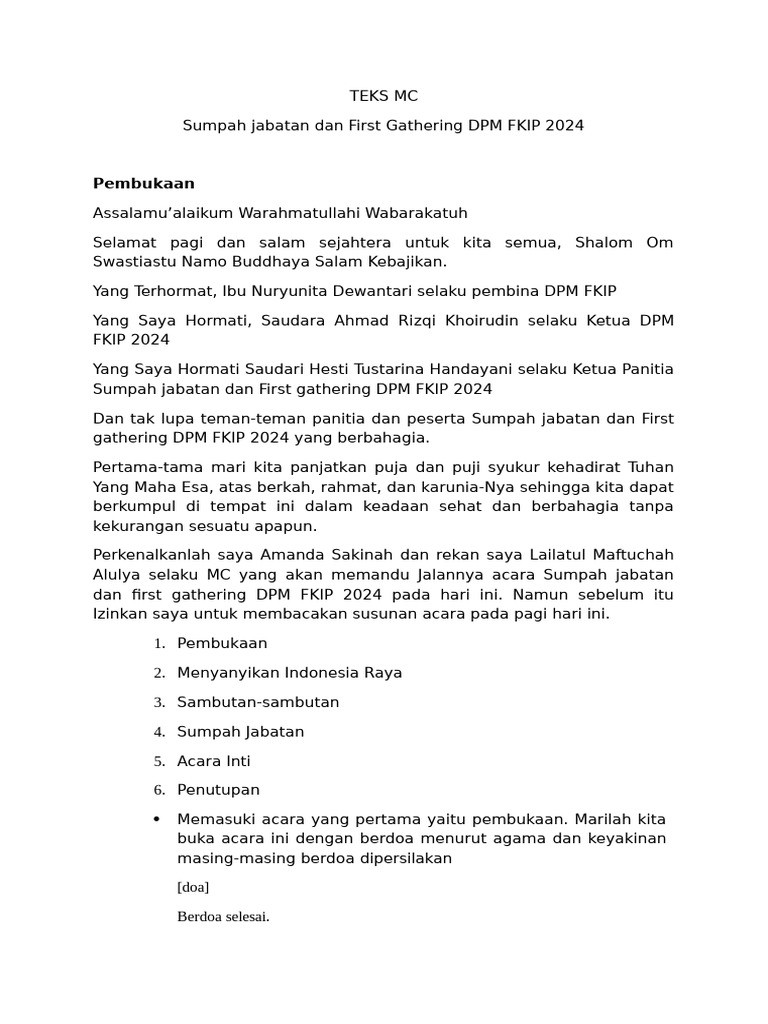 Teks MC First Gathering DPM FKIP 2024 | PDF