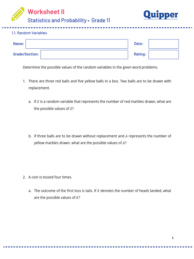 Worksheet II: Statistics and Probability - Grade 11 | PDF