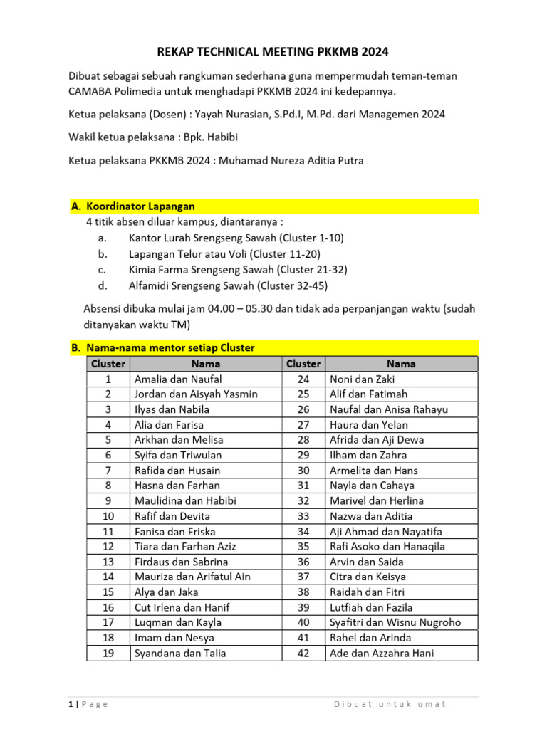 Rangkuman Technical Meeting PKKMB 2024 | PDF