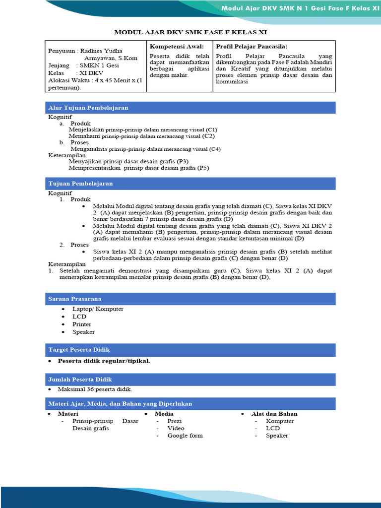 Modul Ajar DKV SMK Fase F Kelas Xi Prinsip Dalam Merancang Visual | PDF
