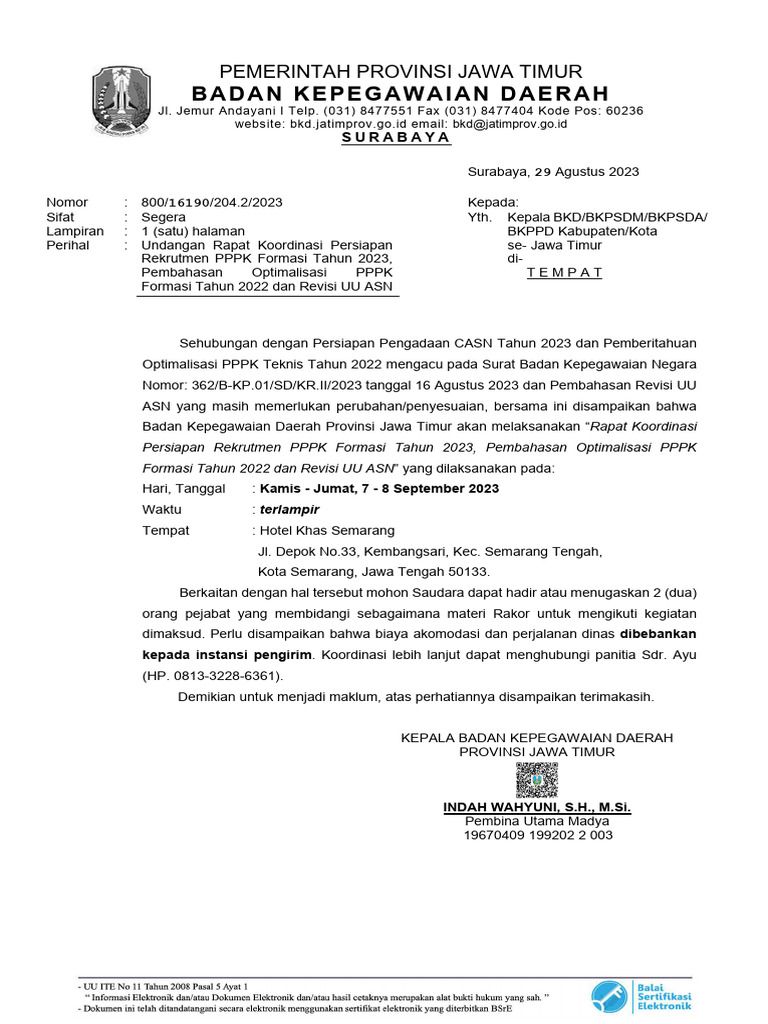 Surat Ke BKD Kab Kota Se Jawa Timur - Undangan Rakor - Sign | PDF