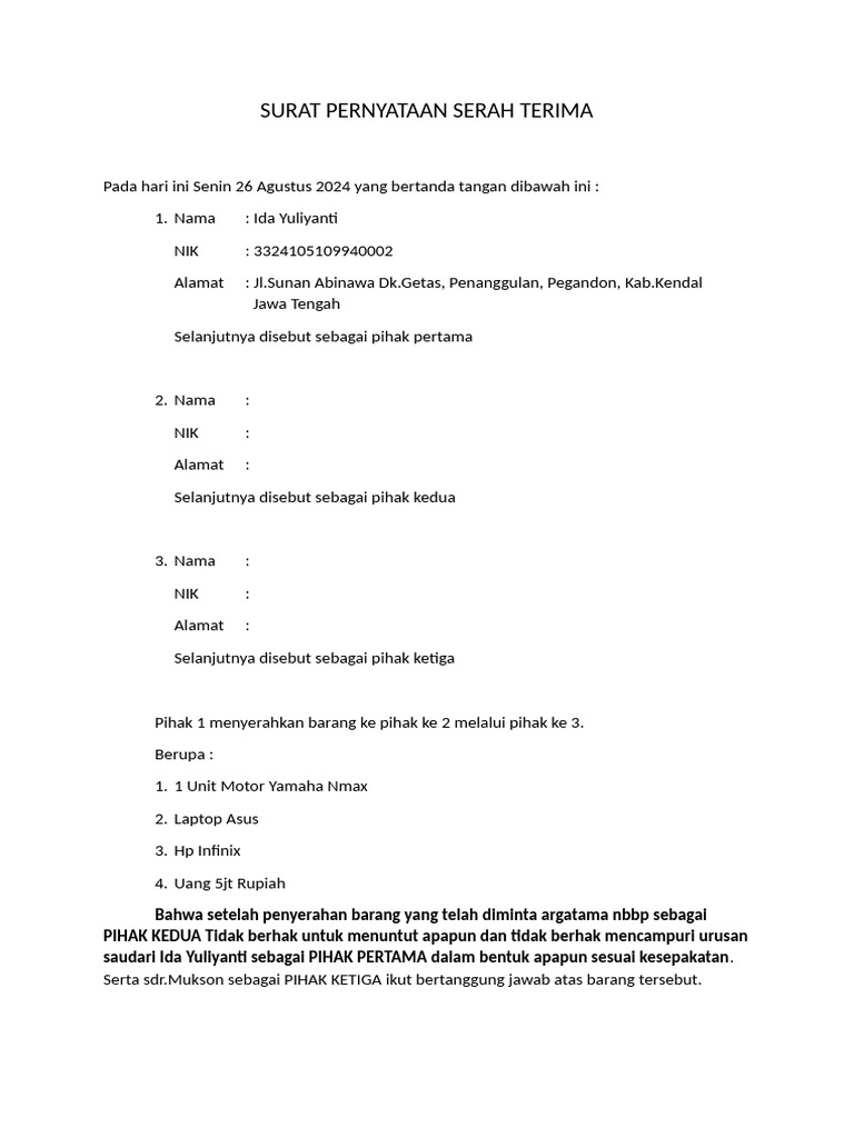 SURAT PERNYATAAN SERAH TERIMA | PDF