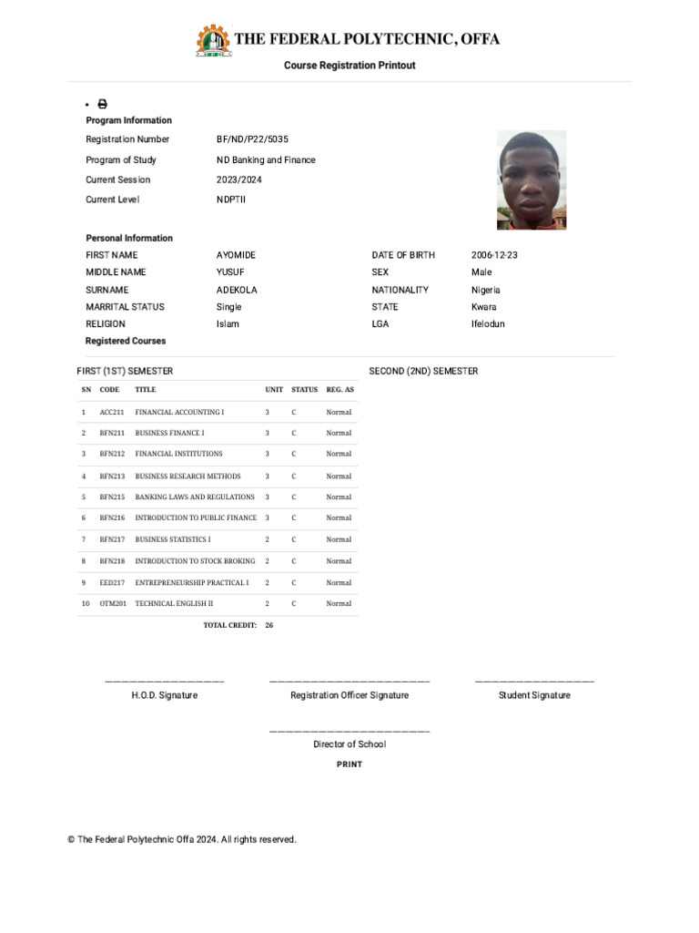 FEDPOFFA Portal - Course Registration Printout | PDF