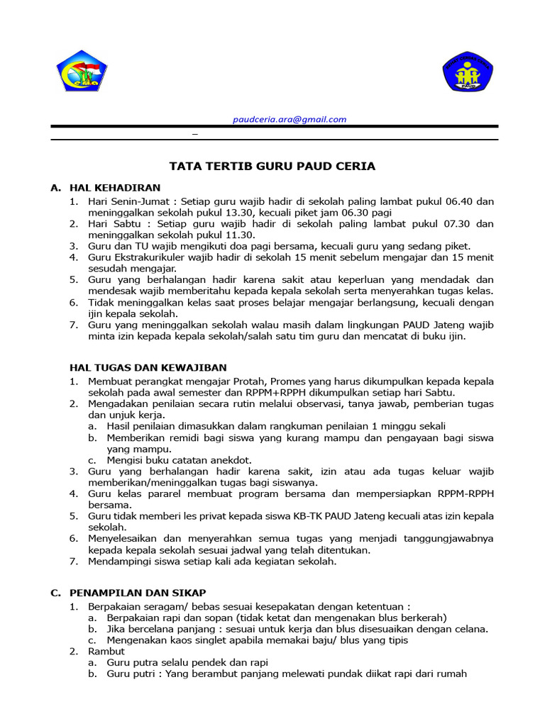 Tata Tertib Guru Paud TK KB Ceria | PDF