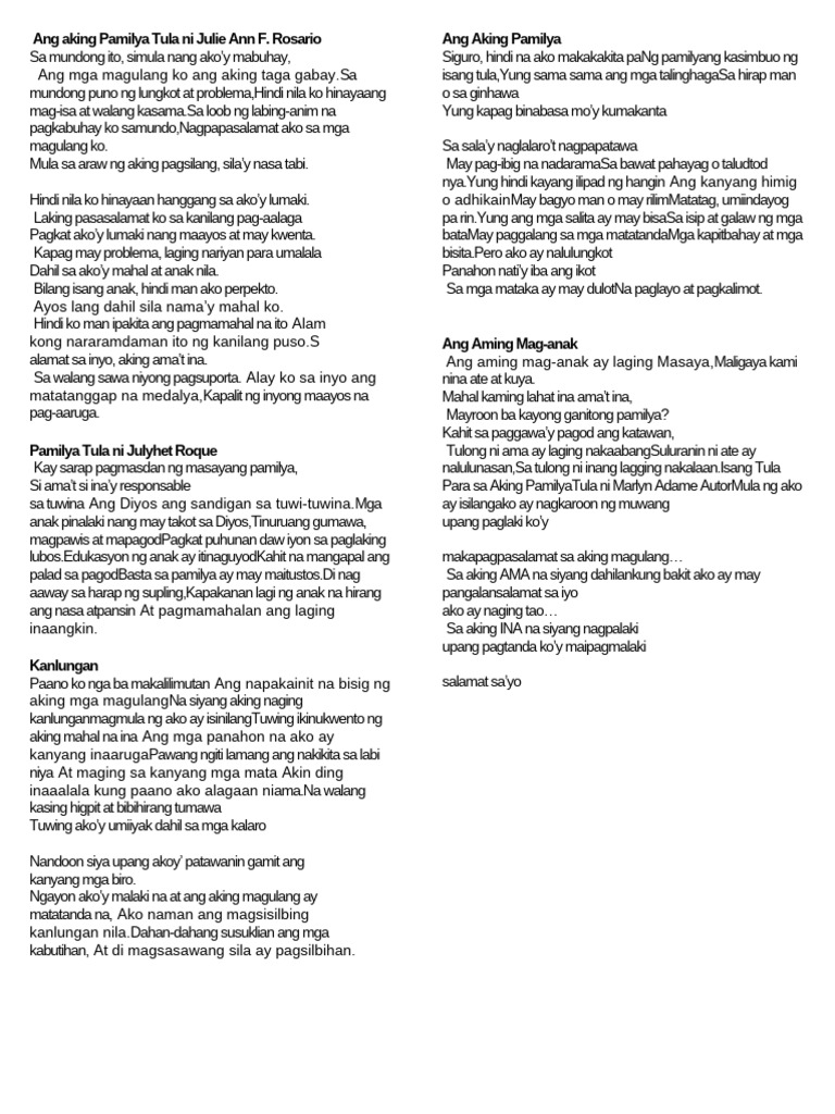 Ang Aking PamilyaTula Ni Julie Ann F | PDF