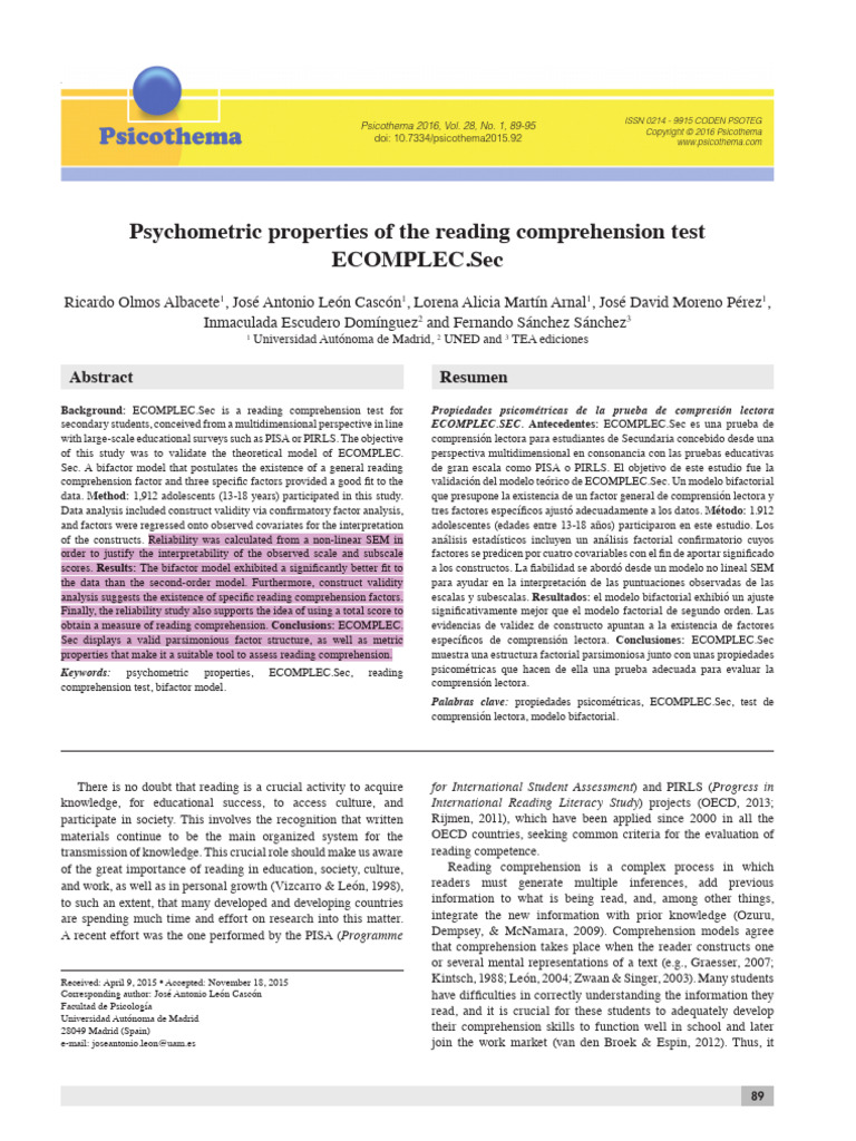 Reading Comprehension Instrument | PDF