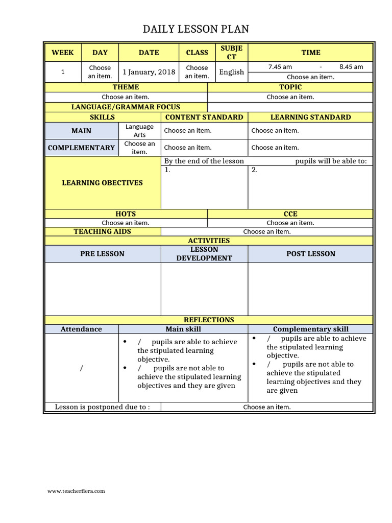 Y1 Y2 Daily Lesson Plan 2018 With Dropdown Menus 1 | PDF