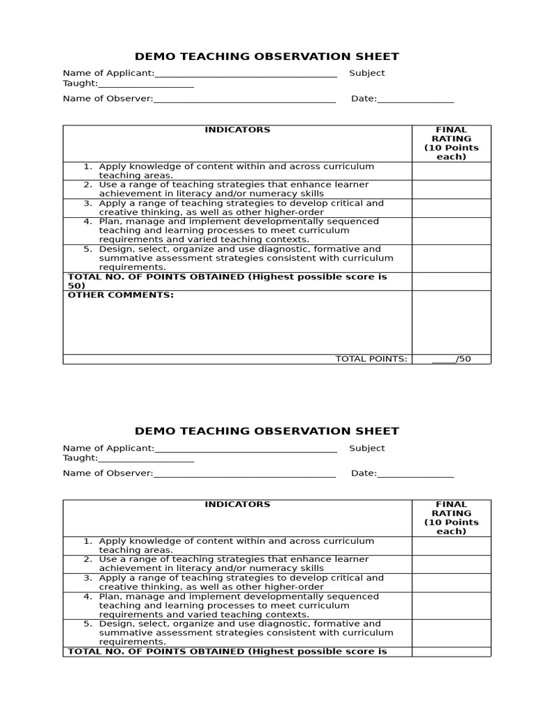 Demo Teaching Observation Sheet | PDF