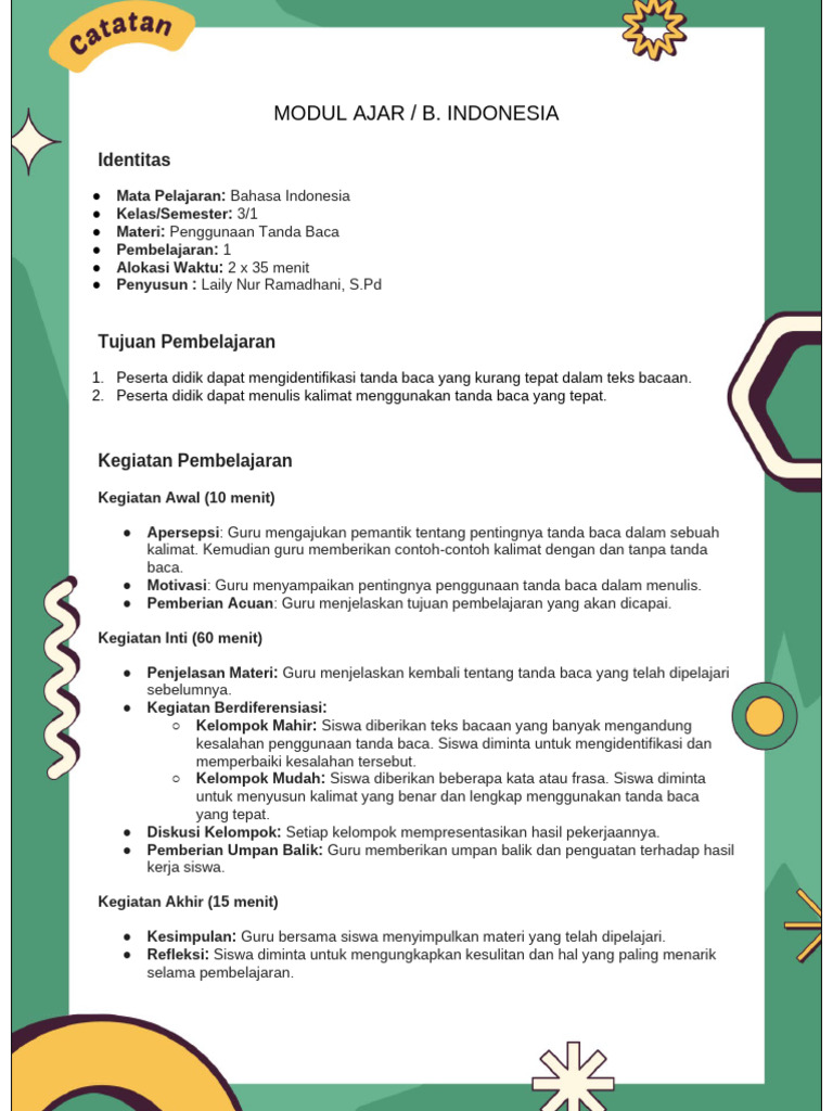 Modul Ajar Kelas 3 B.Indonesia Materi Penggunaan Tanda Baca | PDF