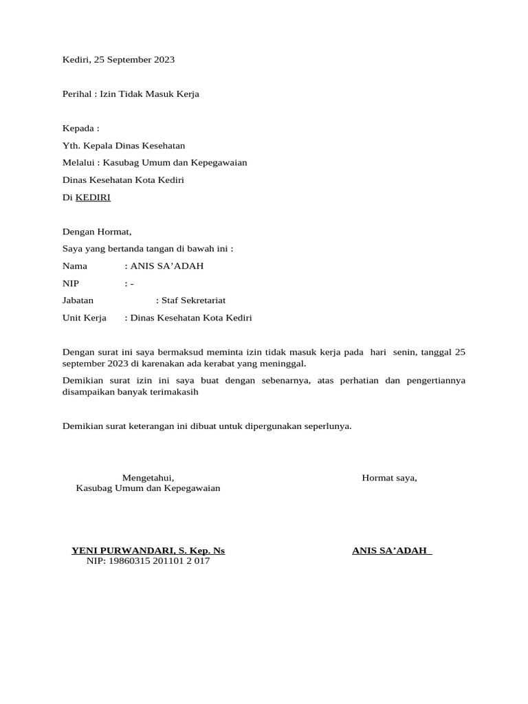 Surat Ijin Kerja Anis | PDF