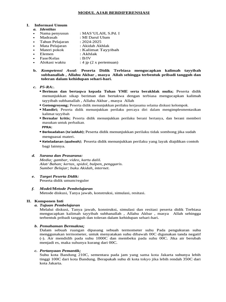 Modul Ajar Akidah Akhlak Kelas V | PDF