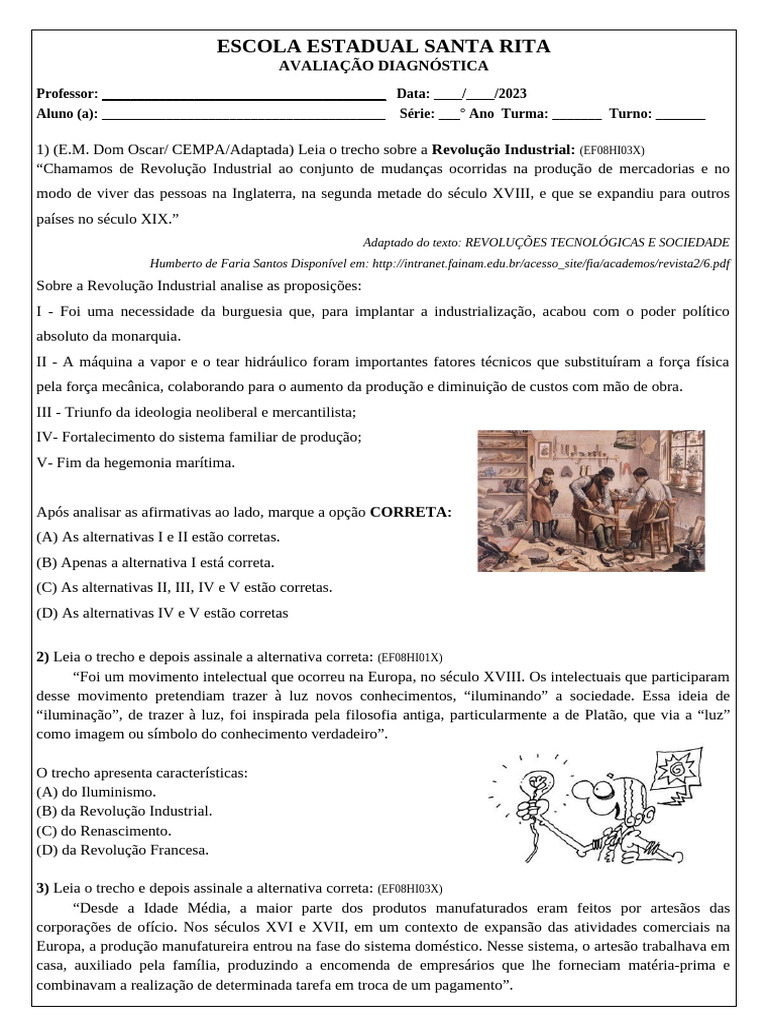 Avaliação Diagnóstica - História - 9º ANO | PDF | Brasil | Política