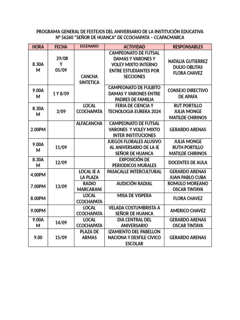 Programa General de Festejos Del Aniversario de La Institución Educativa | PDF