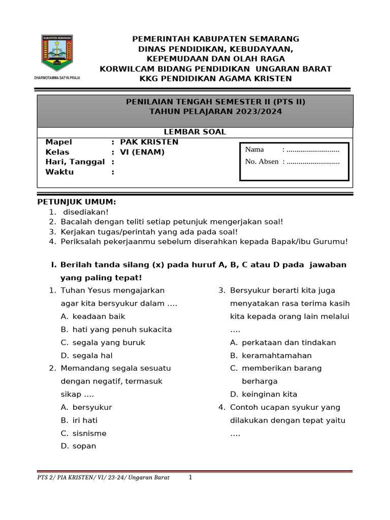 Soal PTS 2 Pia Kristen Kelas 6 TP 2023-2024 | PDF