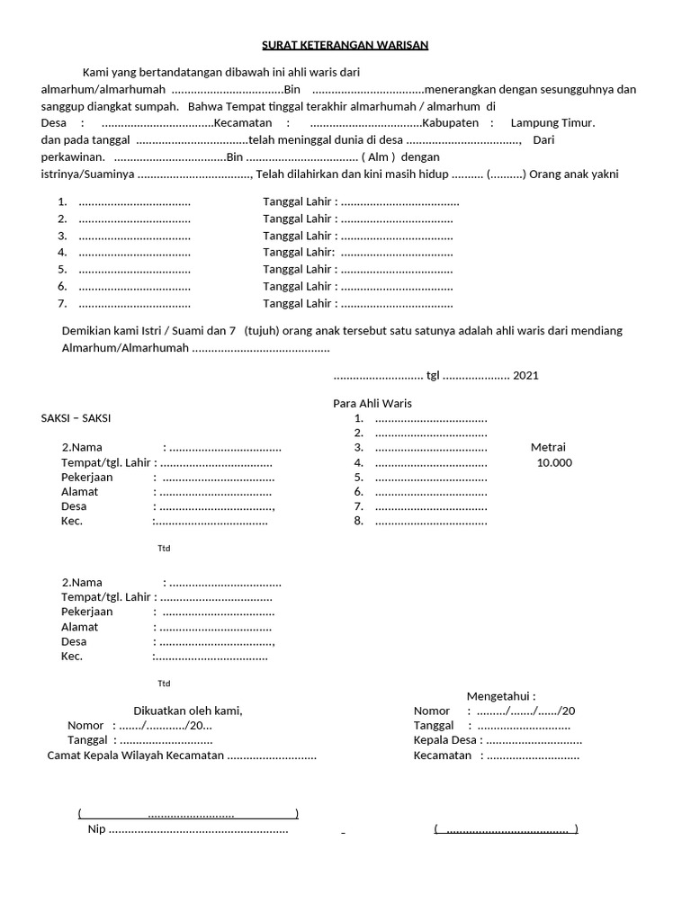14.SURAT KETERANGAN WARISAN Baru 2020 | PDF