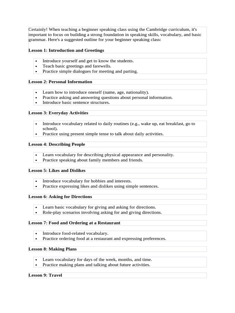 Beginner Speaking Class Outline | PDF