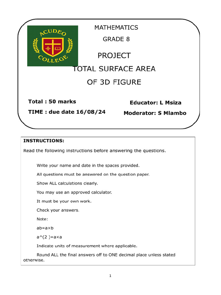 Mathematics GR 8 Project Term 3 | PDF