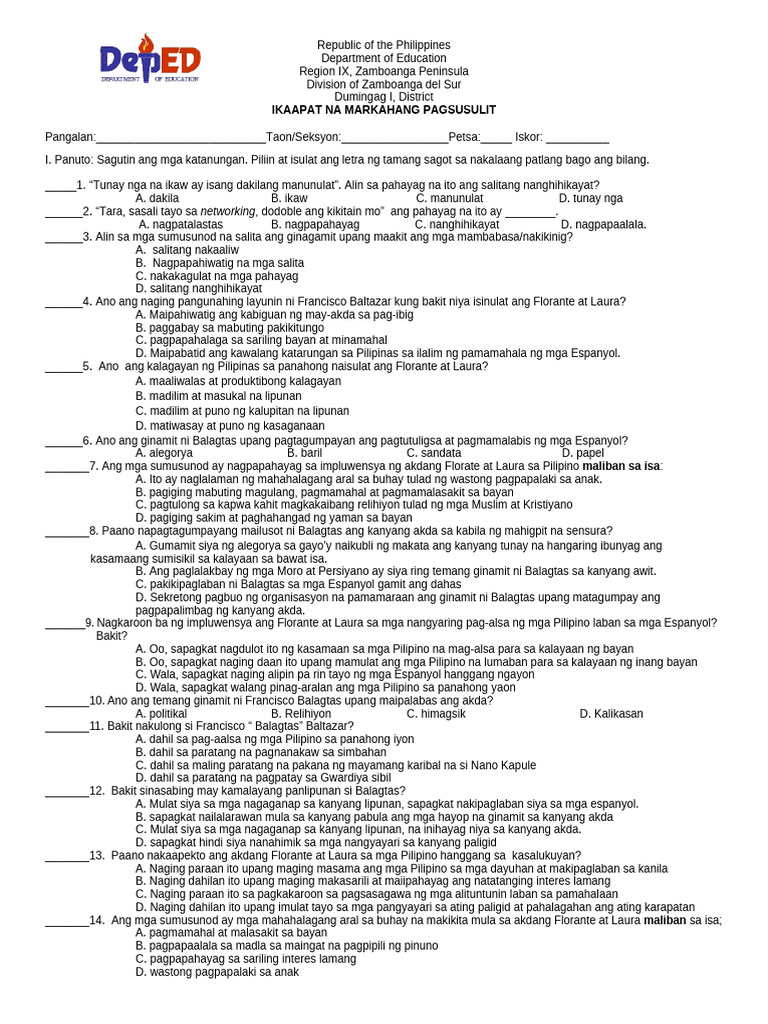 EXAM 4TH QUARTER FIL8 Final For Riso | PDF