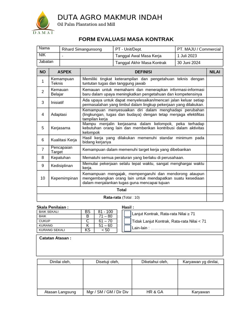 Form Evaluasi Masa Kontrak | PDF