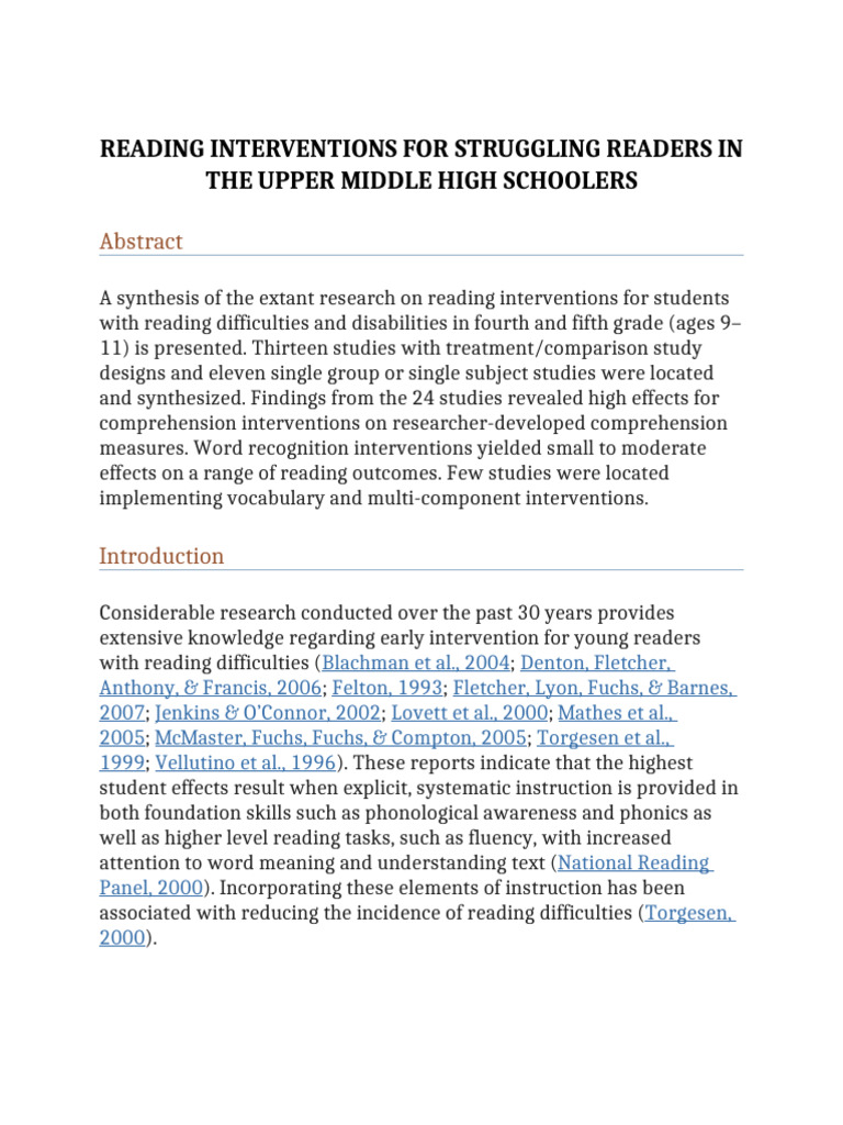Reading Interventions For Struggling Readers in The Upper Middle High ...