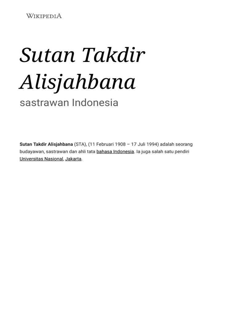 Sutan Takdir Alisjahbana - Wikipedia Bahasa Indonesia, Ensiklopedia Bebas | PDF