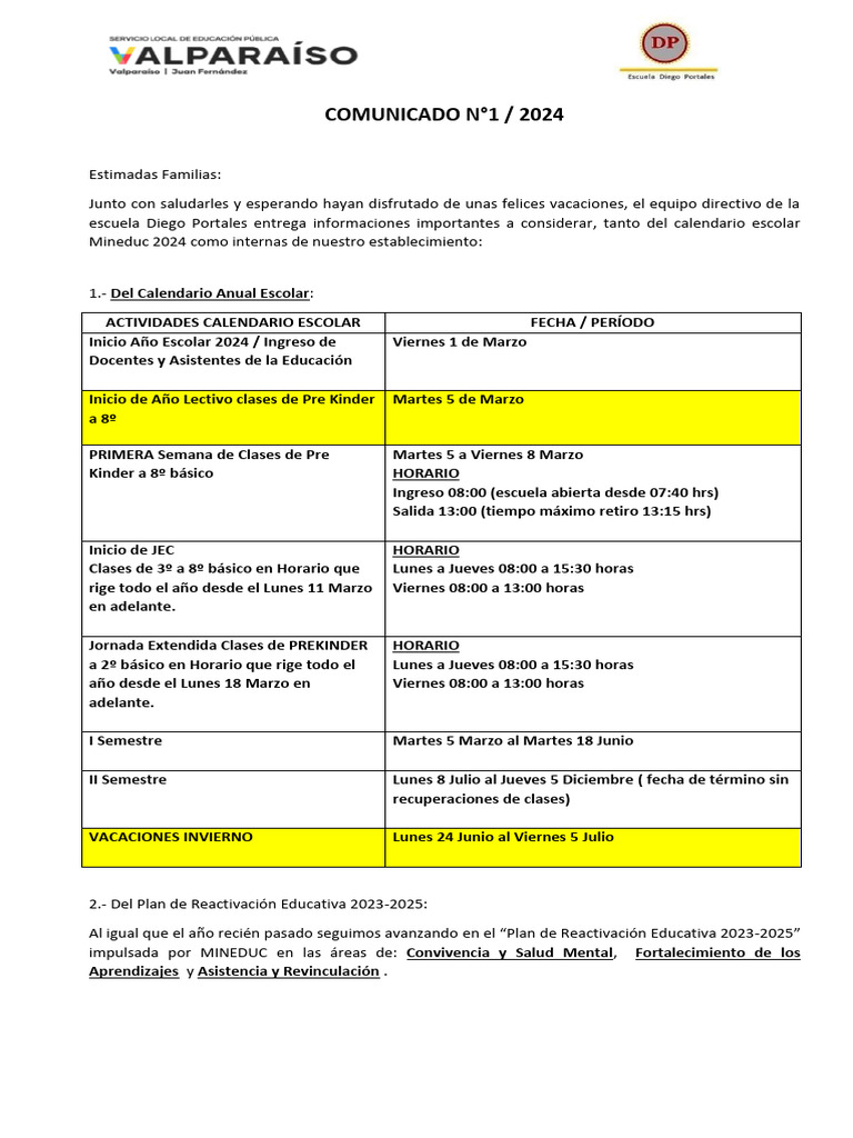 Comunicado 1 Año 2024 | PDF